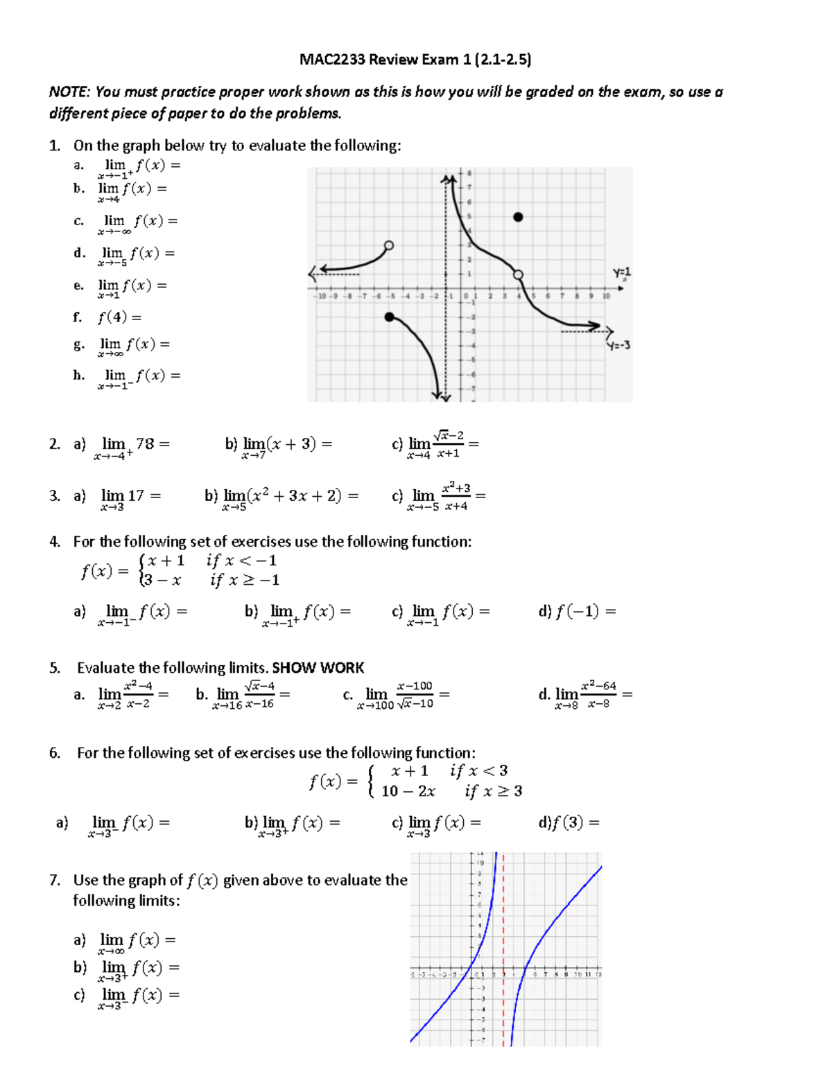 Exam+1+Review - Review material - MAC2233 Review Exam 1 (2.1-2) NOTE ...