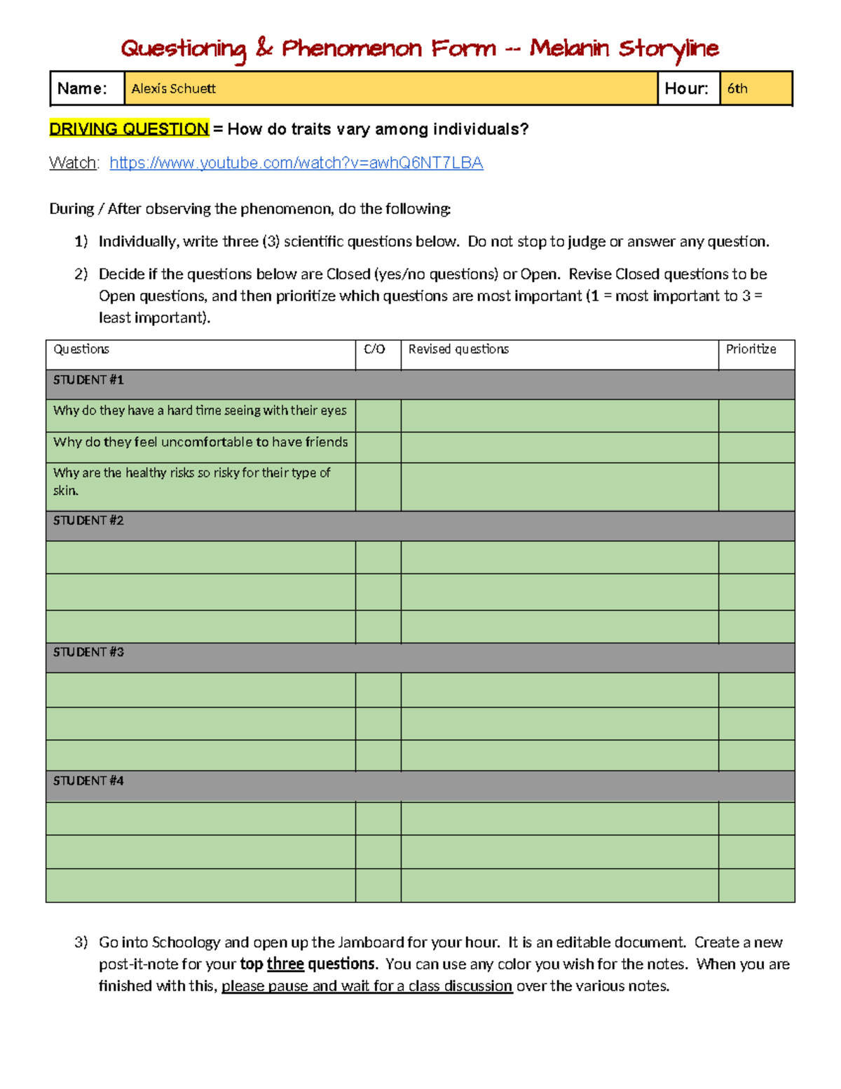Questioning Form - Melanin Storyline - Questioning & Phenomenon Form ...