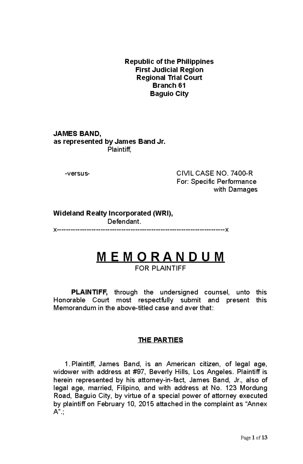Memorandum sample - Wala lang - Republic of the Philippines First ...