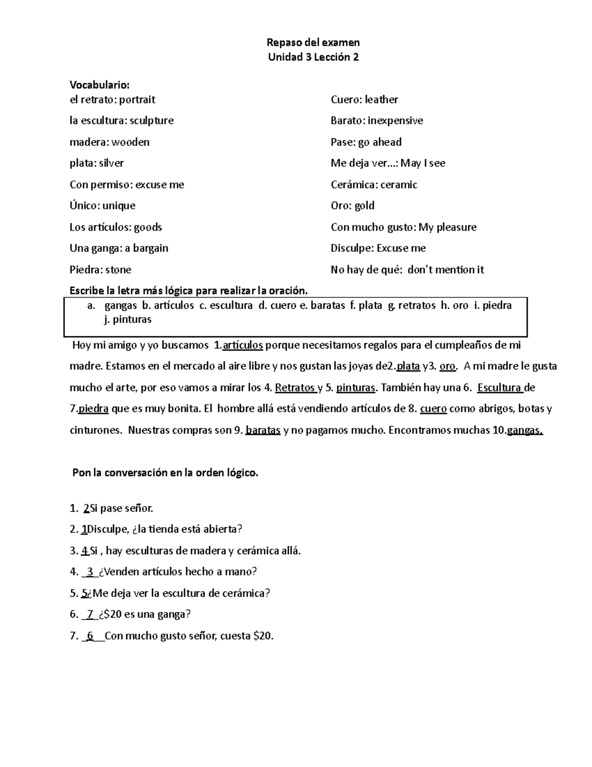 U3L2 Test review answers - Repaso del examen Unidad 3 Lección 2 ...