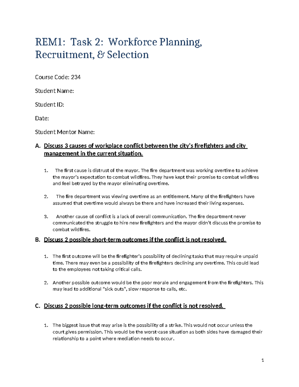 C234 Task 2 - Passed - REM1: Task 2: Workforce Planning, Recruitment ...