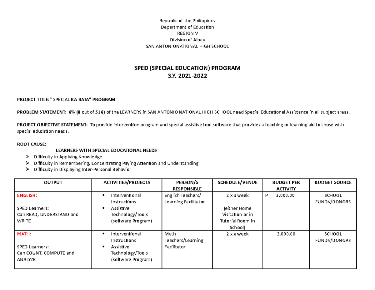 Special P Education Department -2021-2022 and - Republic of the ...