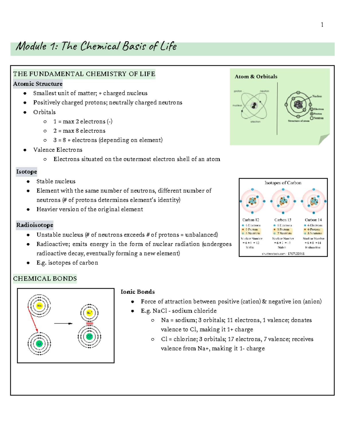 SBI4U M1&2 Notes - Mod 1: The Chel Bas of Lif THE FUNDAMENTAL CHEMISTRY ...