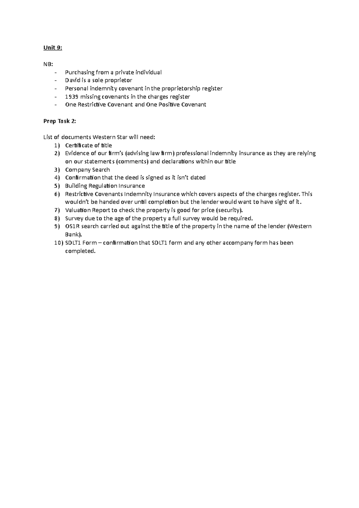 Unit 9 - Notes from workshops - Unit 9: NB: Purchasing from a private ...