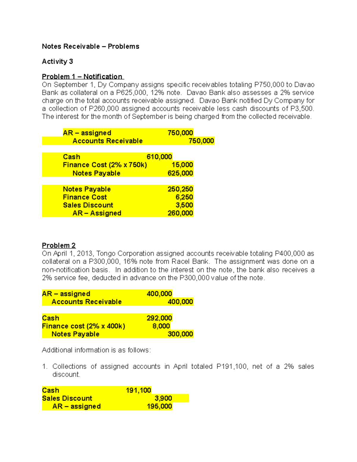 Notes Receivable – Problems QUIZ 3 - Notes Receivable – Problems ...