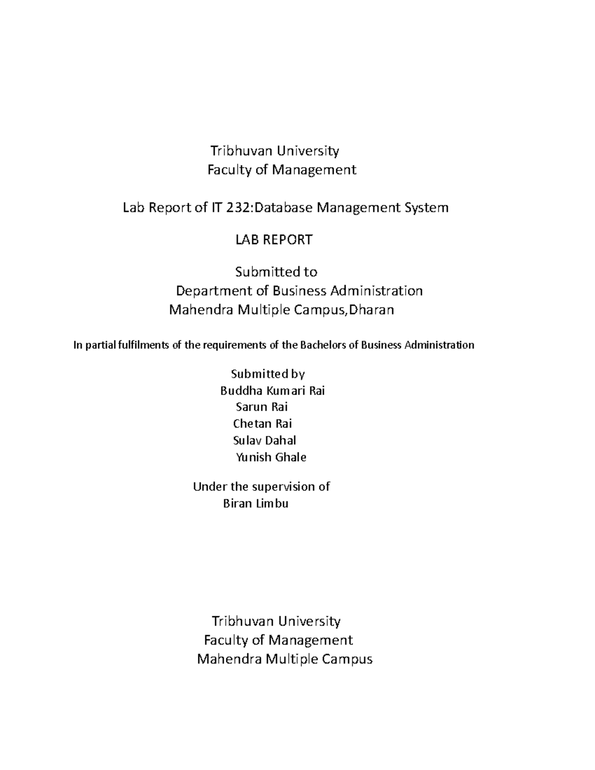 Database project - Tribhuvan University Faculty of Management Lab ...
