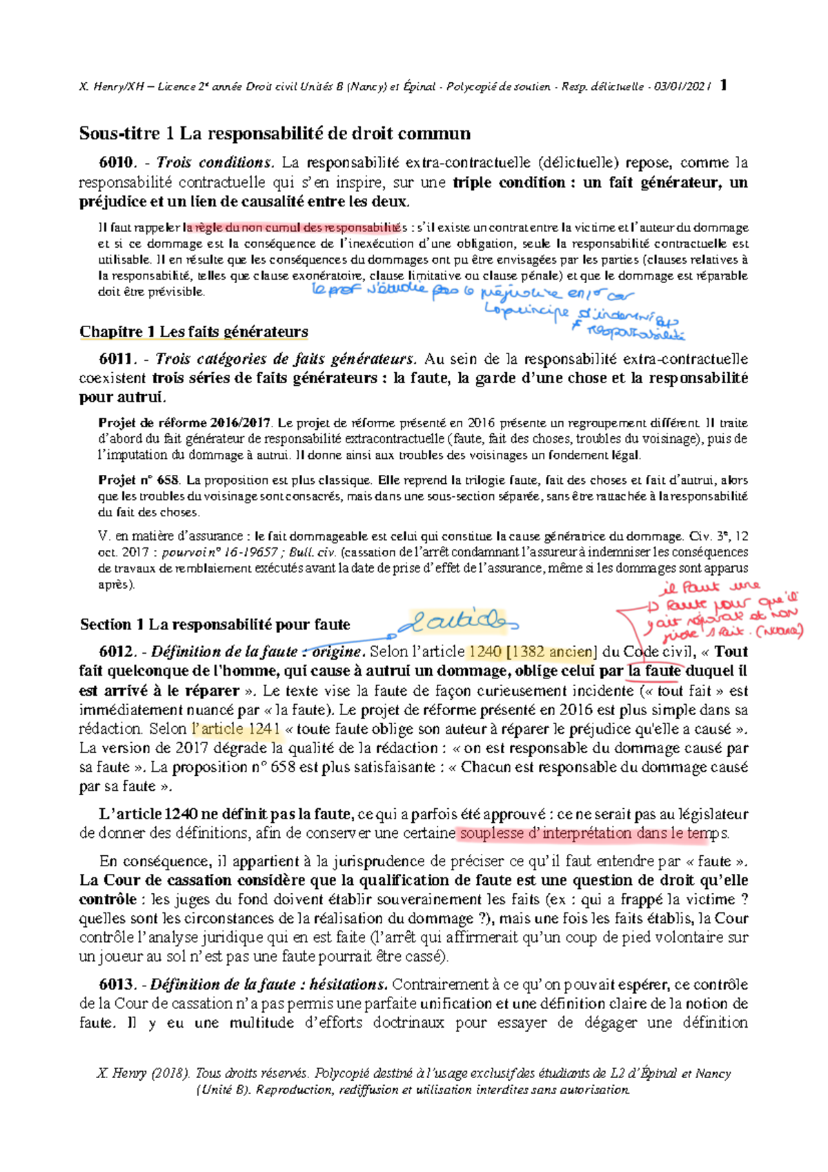 Respo personne et du fait des choses (prof) - X. Henry (2018). Tous ...