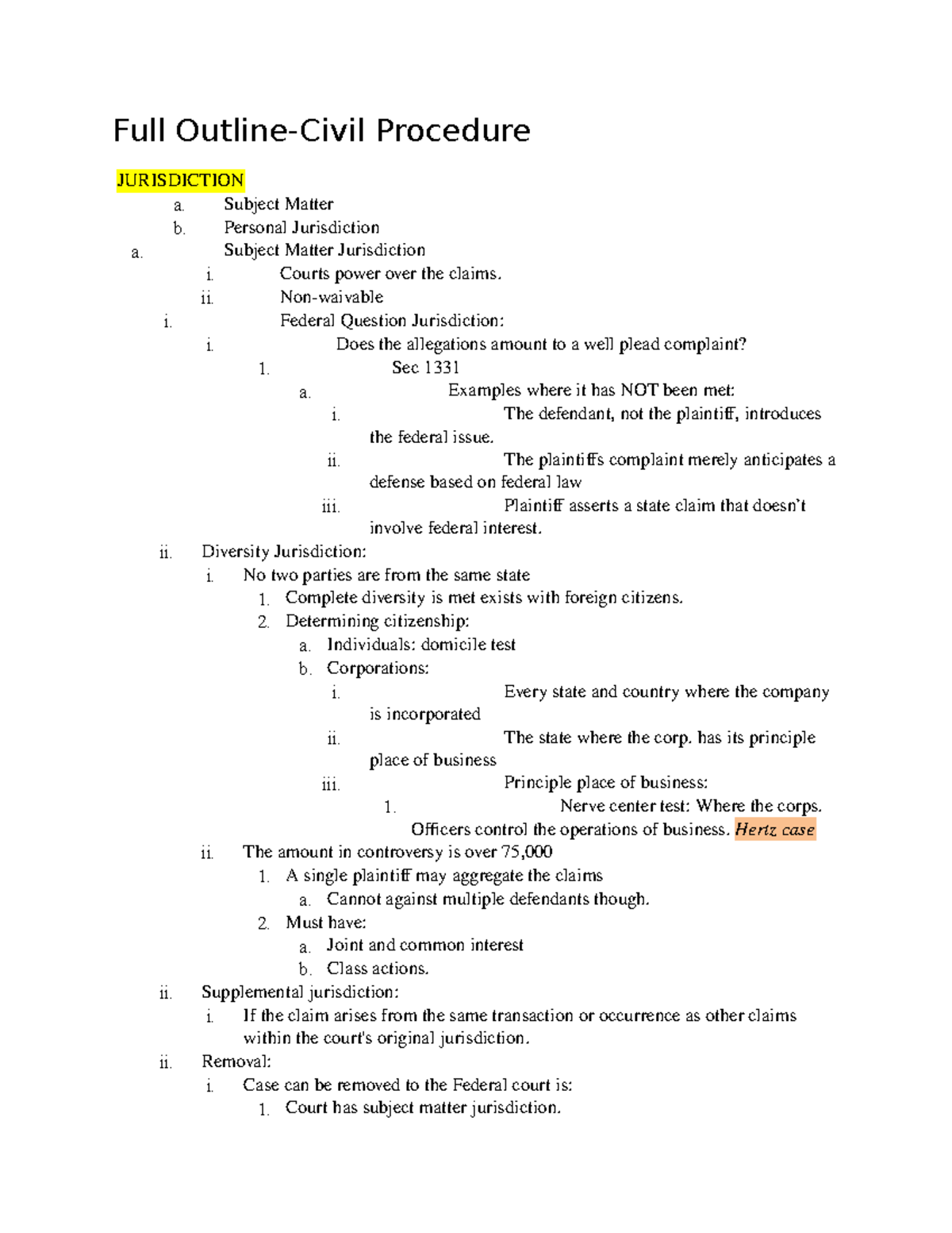 Civ pro outline - Full Outline-Civil Procedure JURISDICTION a. Subject ...