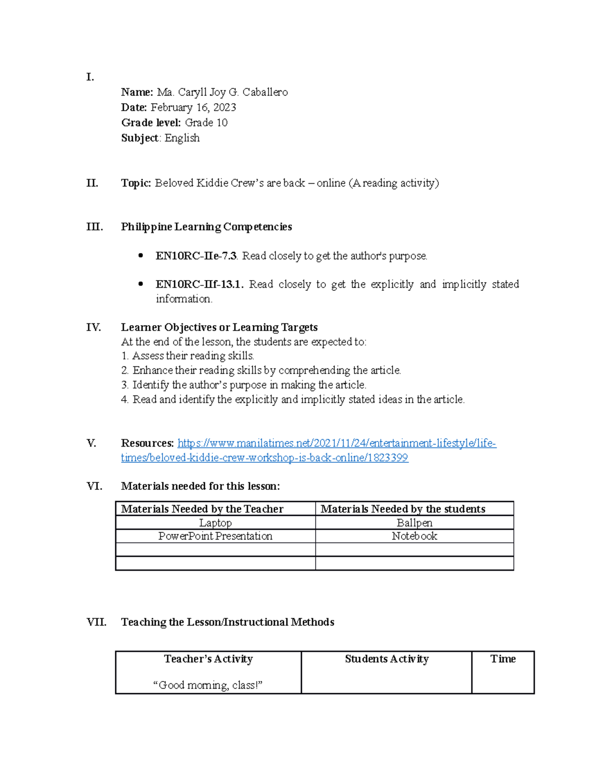 Caballero Final DLP for Reading - I. Name: Ma. Caryll Joy G. Caballero ...