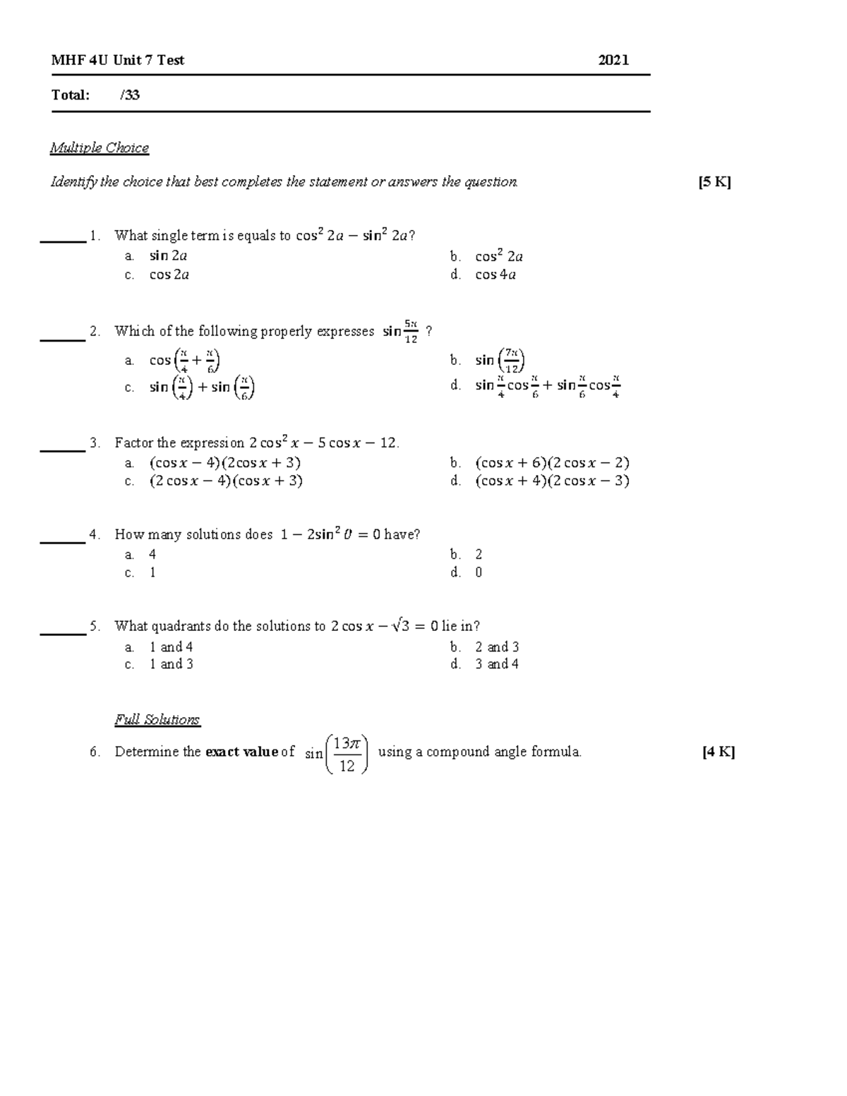 4U Unit 7 Test 2021 - description - MHF 4U Unit 7 Test 2021 Total ...