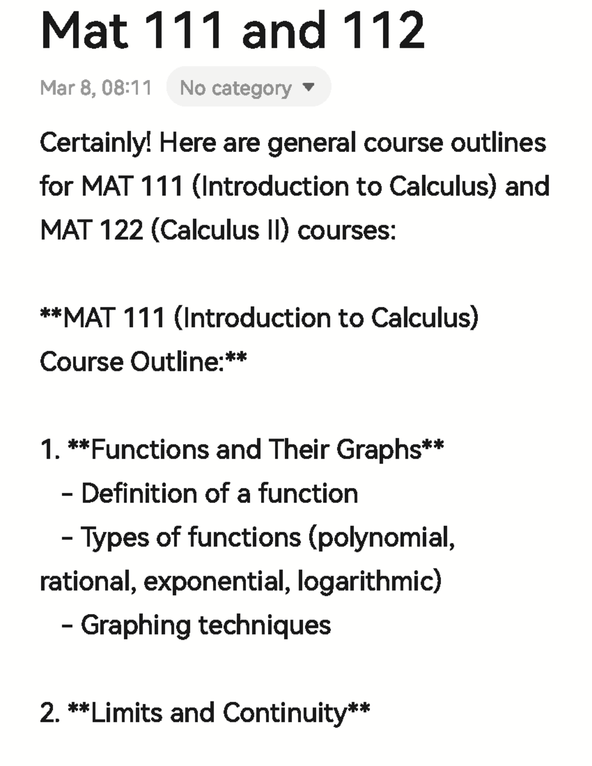 Mat 111 and 112 Course outlines - Mat 111 and 112 Mar 8, 0811 No catego ...