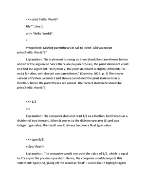 CS1101 Discussion Assignment Unit 1 - Type the statements below into your Python interpreter ...