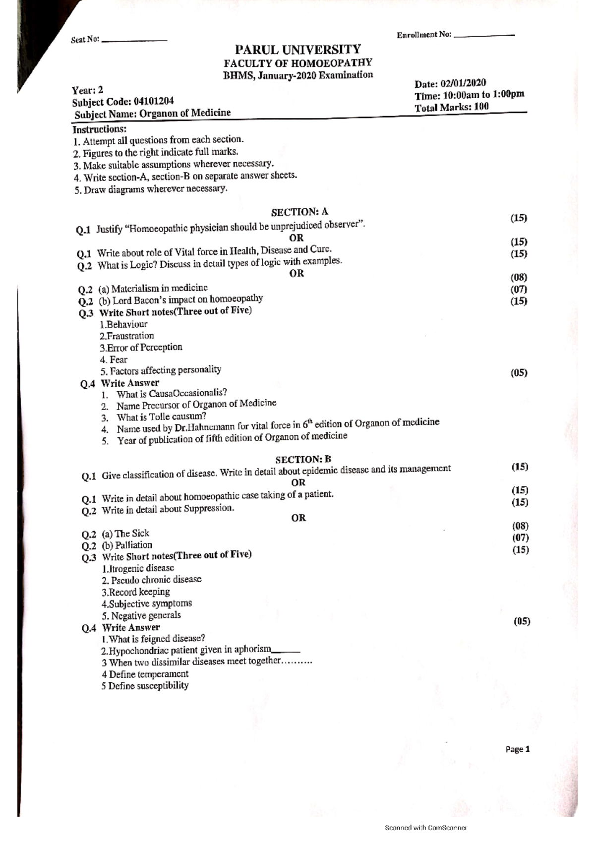 Organon Final EXAM DEC-JAN 19-20 - Homeopathic - Studocu