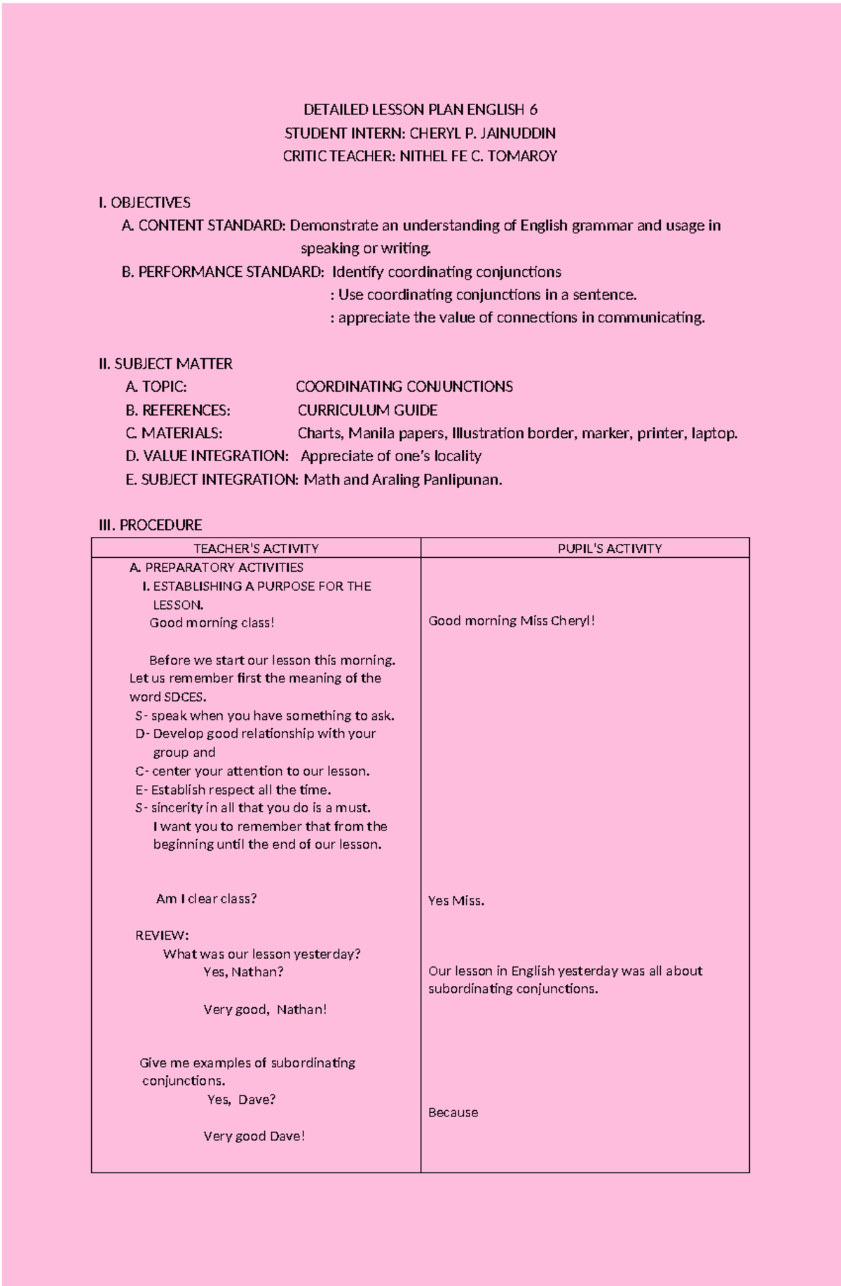 Lesson PLAN English 6 - DETAILED LESSON PLAN ENGLISH 6 STUDENT INTERN ...