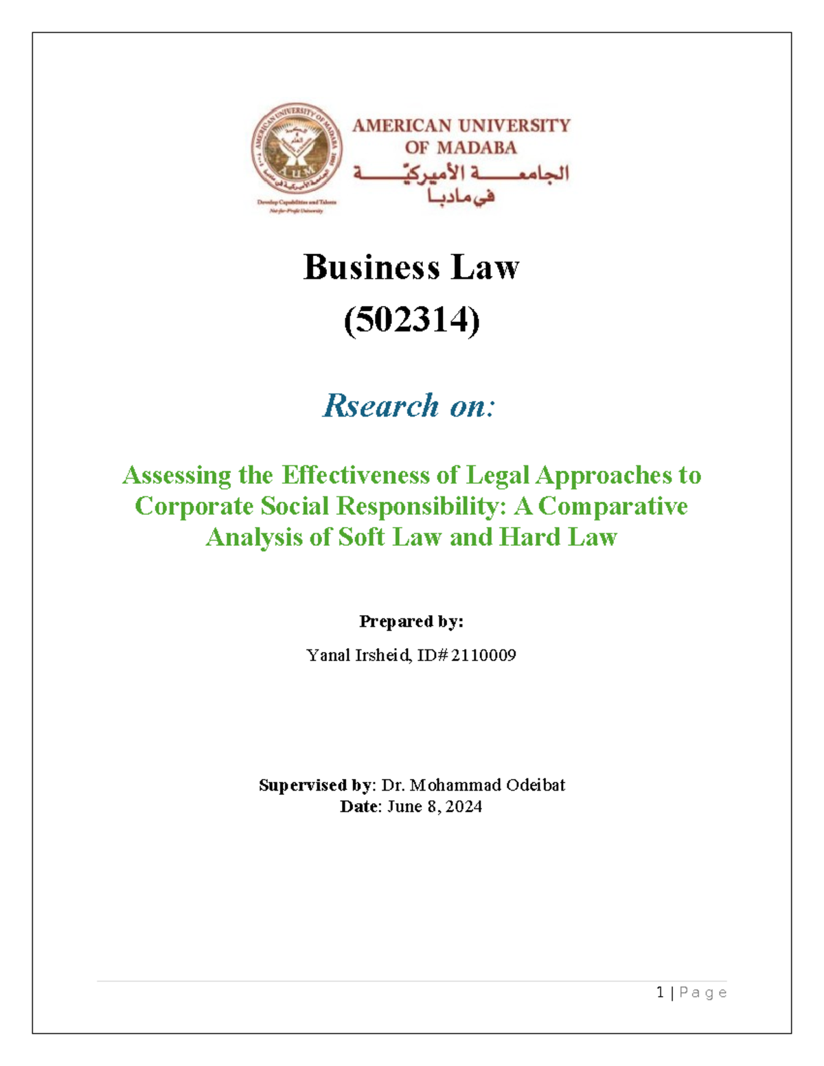 Business Law Project - kkkk - Business Law (502314) Rsearch on ...