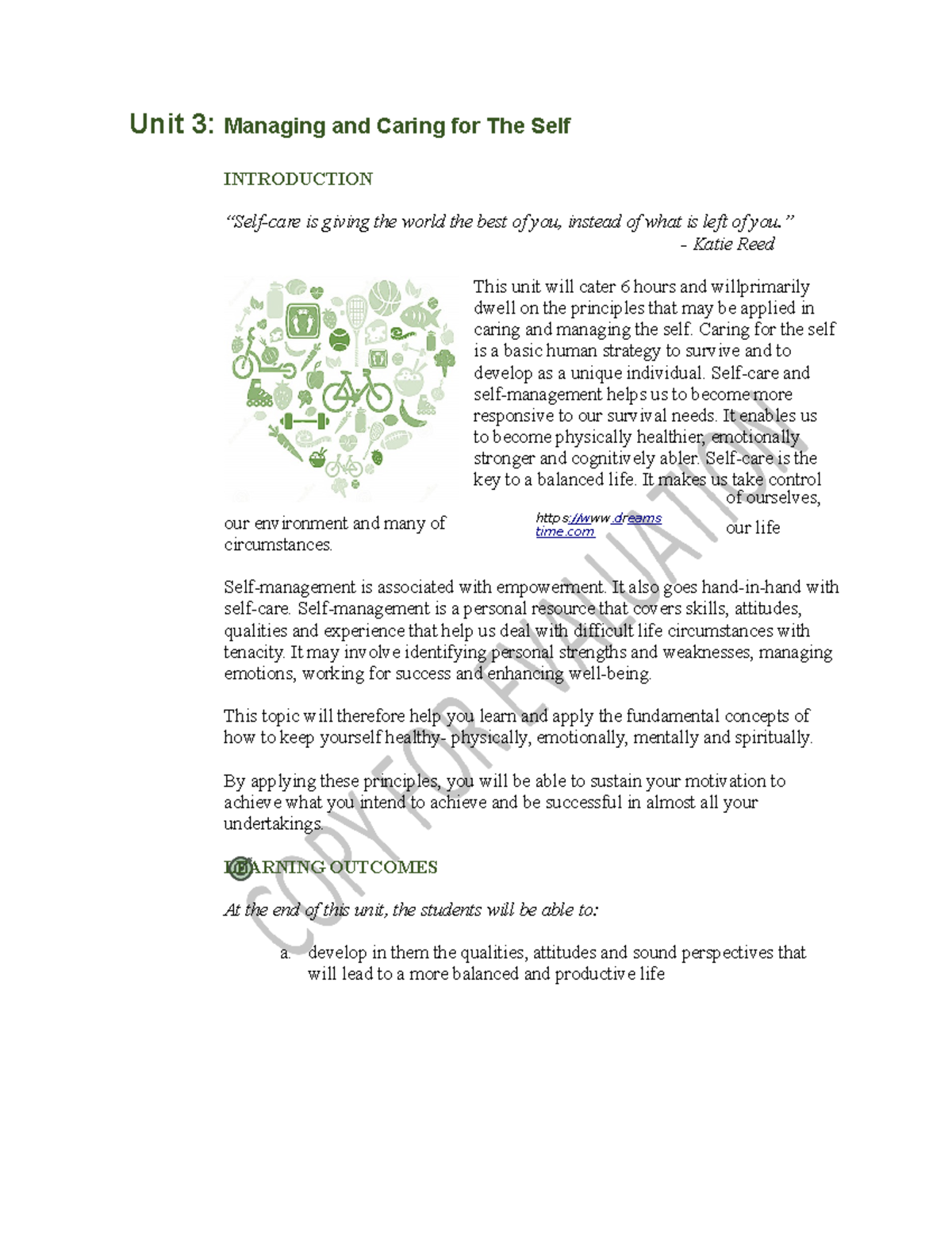 Unit 3 Intro - Unit 3: Managing and Caring for The Self INTRODUCTION ...