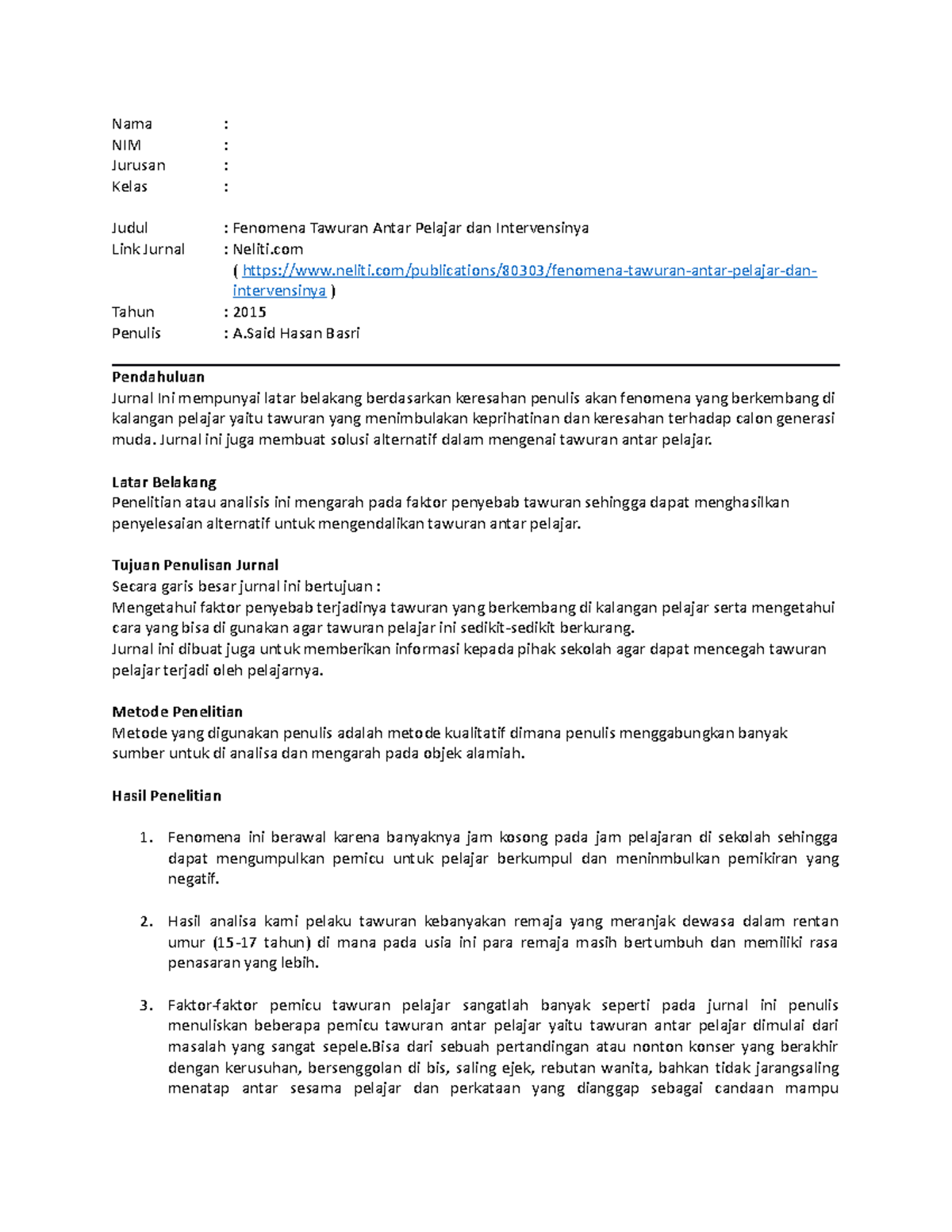 Jurnal dhini - berita catatan kaki - Nama : NIM : Jurusan : Kelas ...