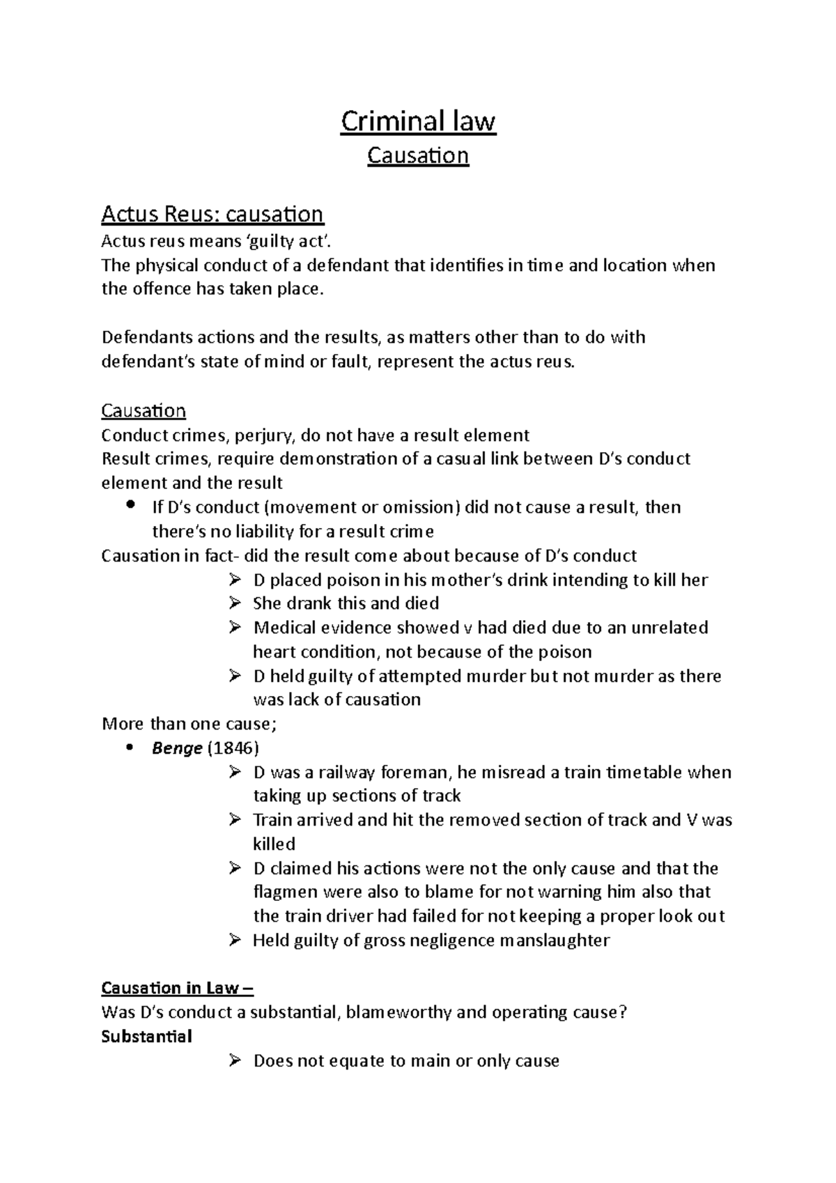 Criminal- causation - Lecture notes 1 - Criminal law Causation Actus ...