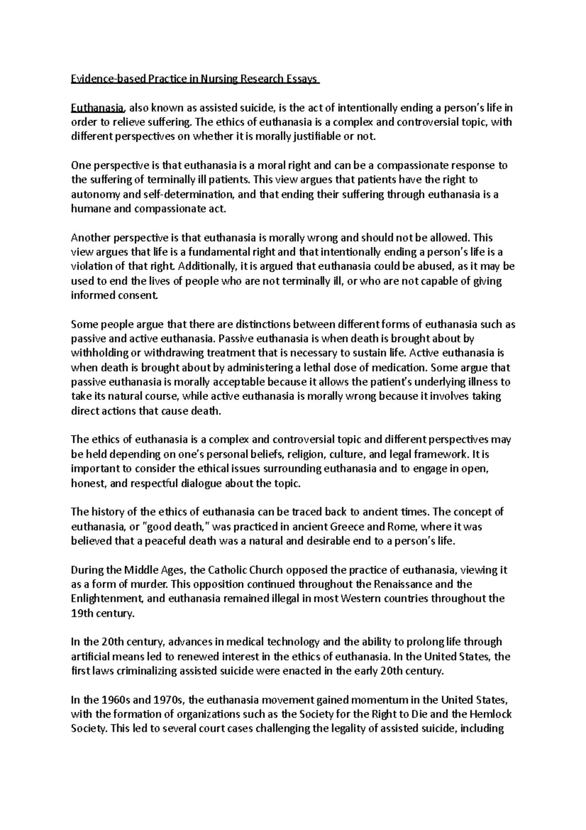 Evidence-based Practice in Nursing Research Essays Euthanasia - The ...