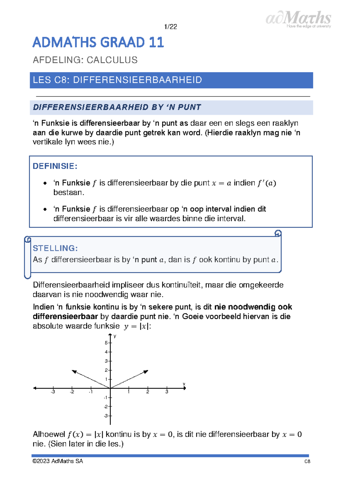 C8 a differensieerbaarheid - ADMATHS GRAAD 11 AFDELING: CALCULUS LES C8 ...