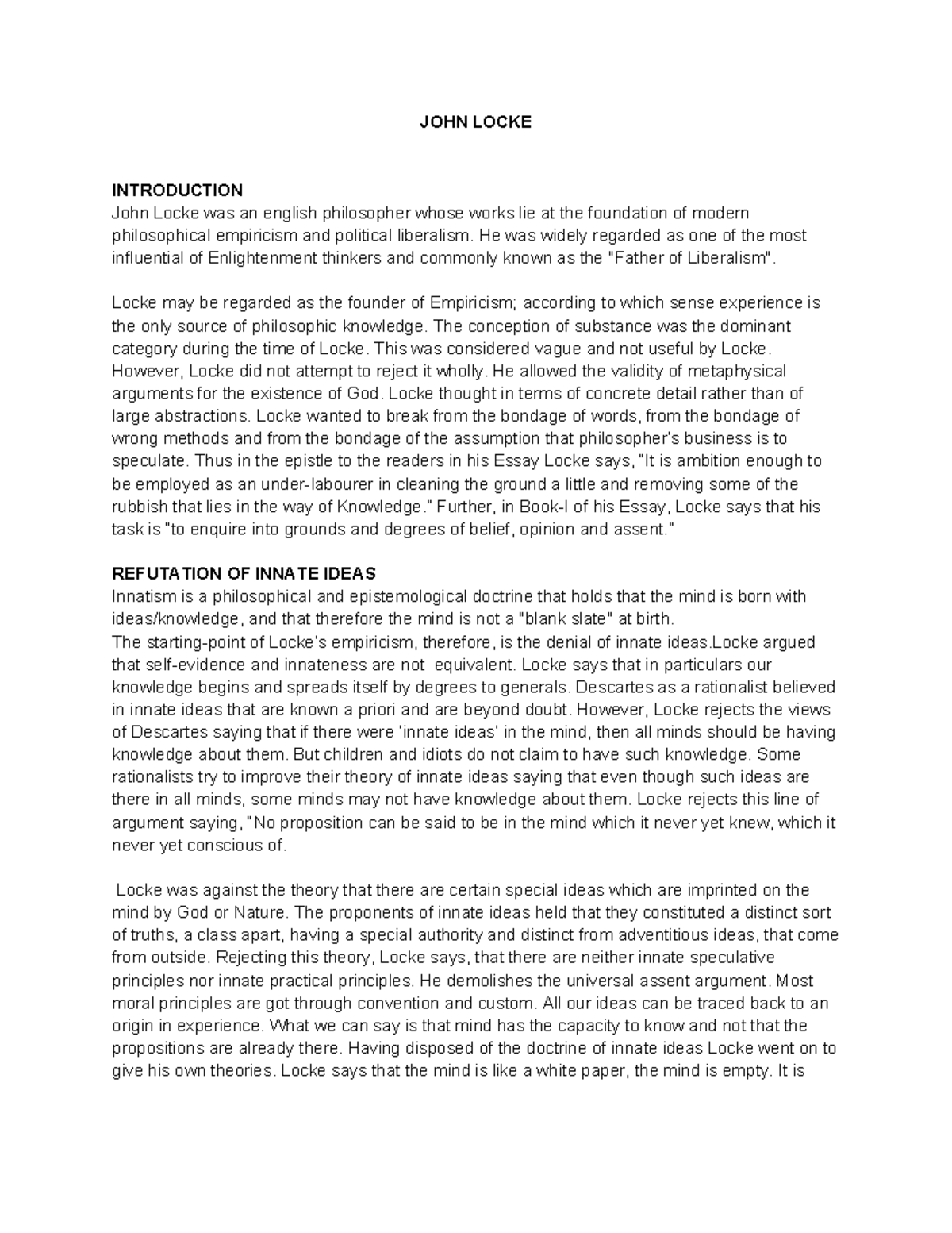 John Locke ans - JOHN LOCKE INTRODUCTION John Locke was an english ...