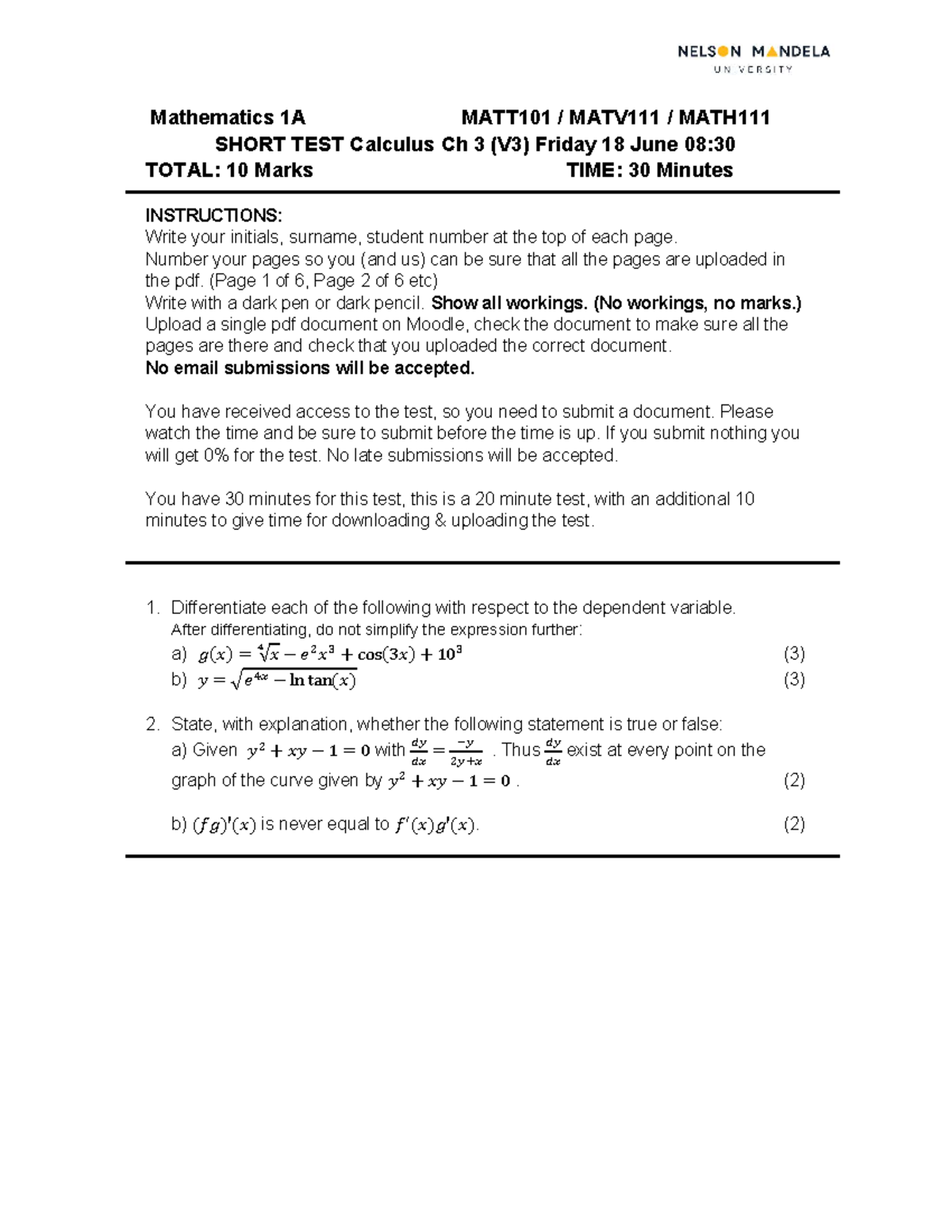 Mathematics 1A Short Test Calculus Ch 3 (v3) - Mathematics 1A MATT101 ...