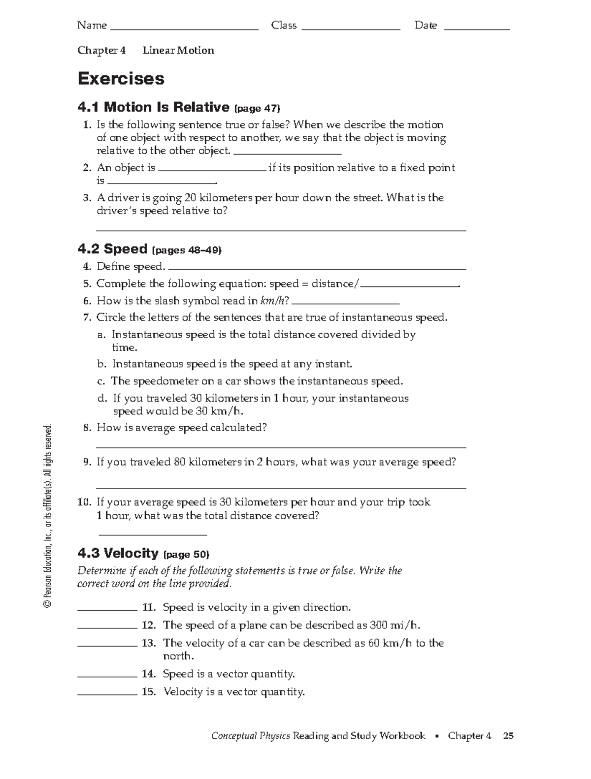 Chapter 4 exercise worksheet - Chapter 4 Linear Motion © Pearson ...