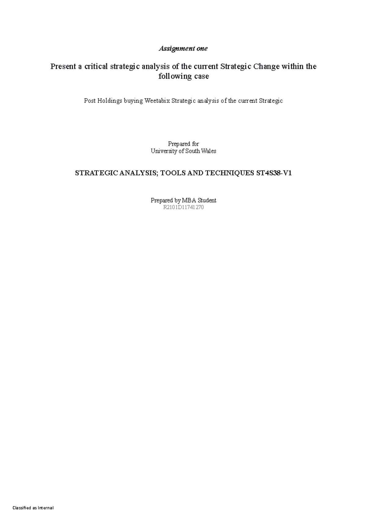 USW Strategic Analysis (ST4S38-V1) Assignment 01 - Assignment one ...