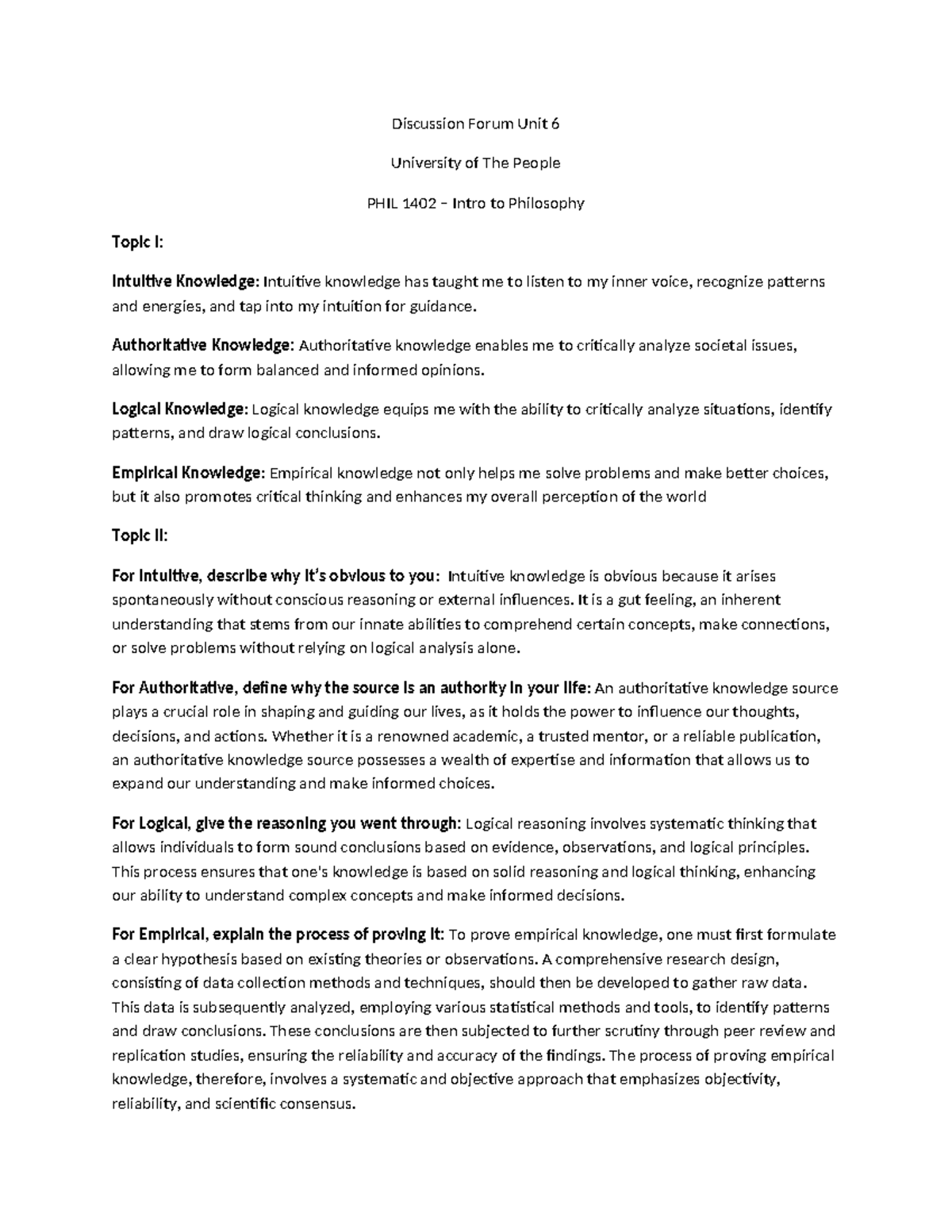 Discussion Forum Unit 6 - Authoritative Knowledge: Authoritative ...