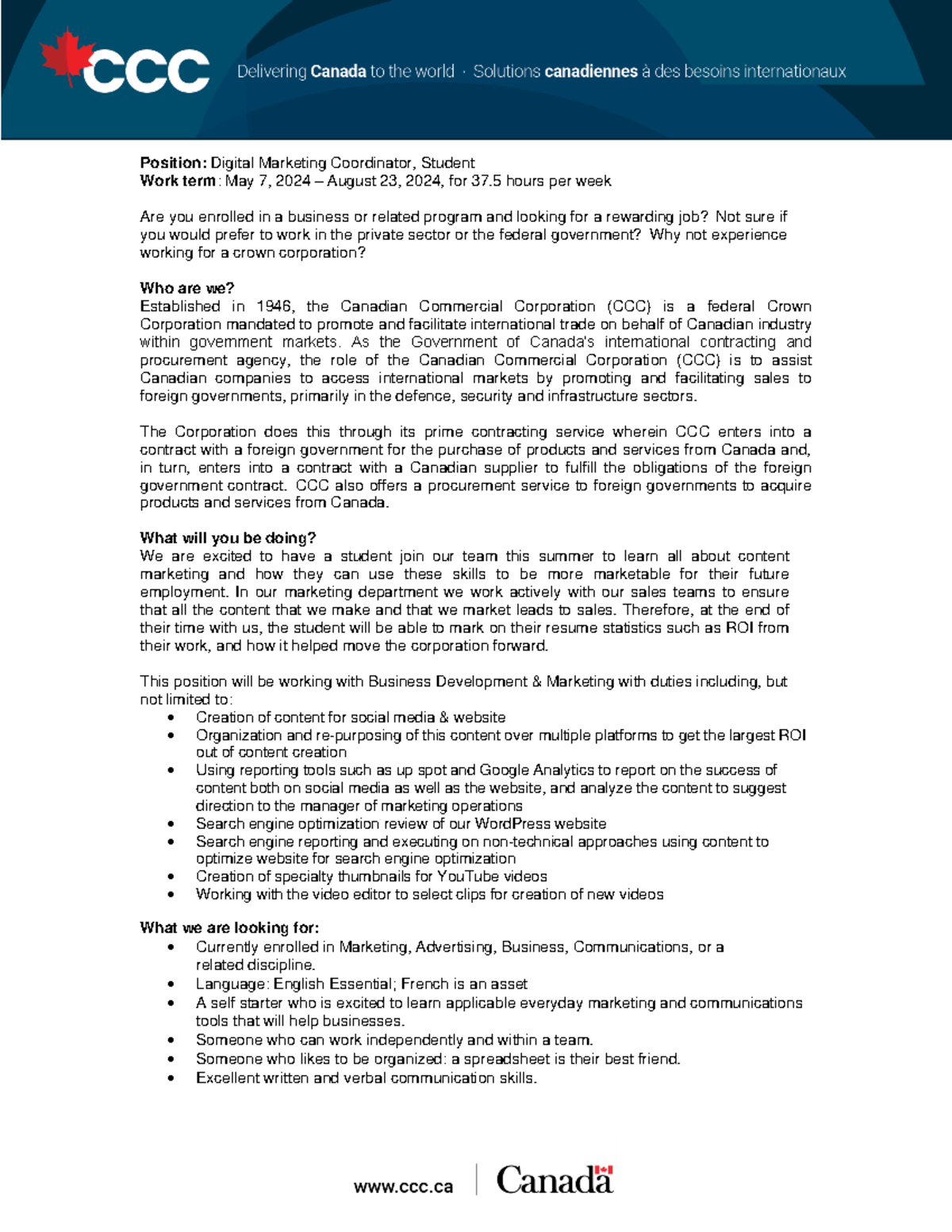 Student posting - Digital Marketing Coordinator, Student BIL - Position ...