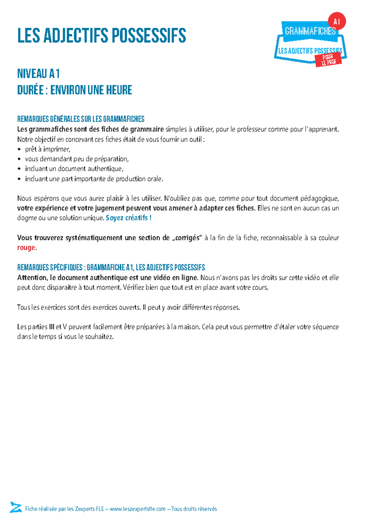 Adjectifs possessifs - stage - LES ADJECTIFS POSSESSIFS Niveau A Durée ...