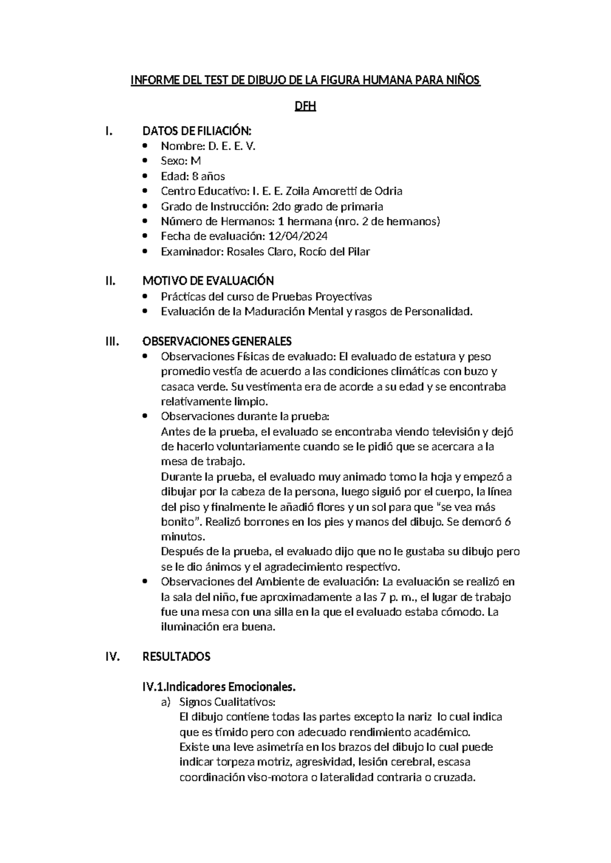 Informe DEL TEST DE Dibujo DE LA Figura Humana PARA Niños - INFORME DEL ...