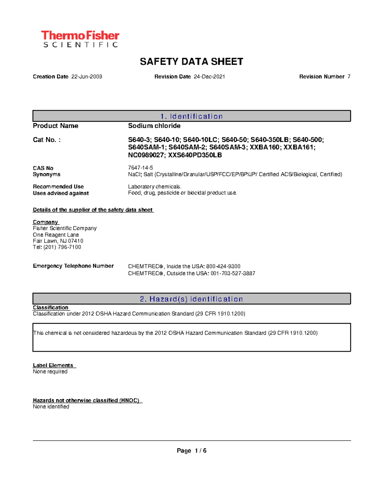 Sodium Chloride USP FCC 500G - SAFETY DATA SHEET Creation Date 22-Jun ...