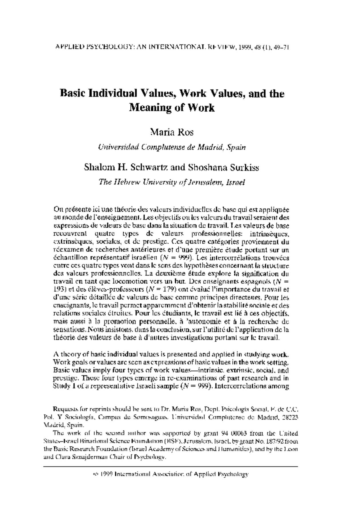 Basic Individual Values Work Values and the meaning of work - APPLIED ...