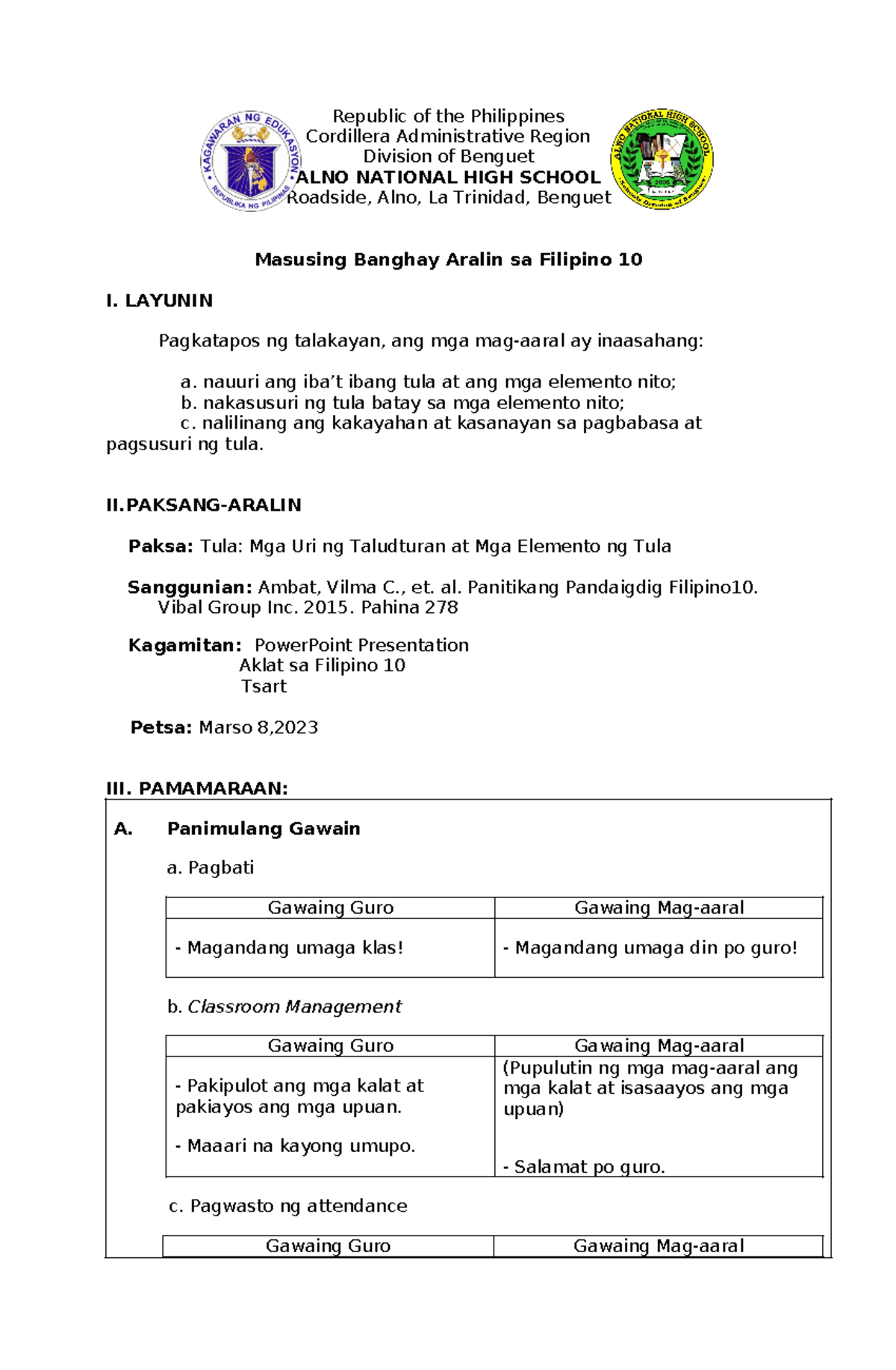 TULA - Lesson Plan - Republic of the Philippines Cordillera ...