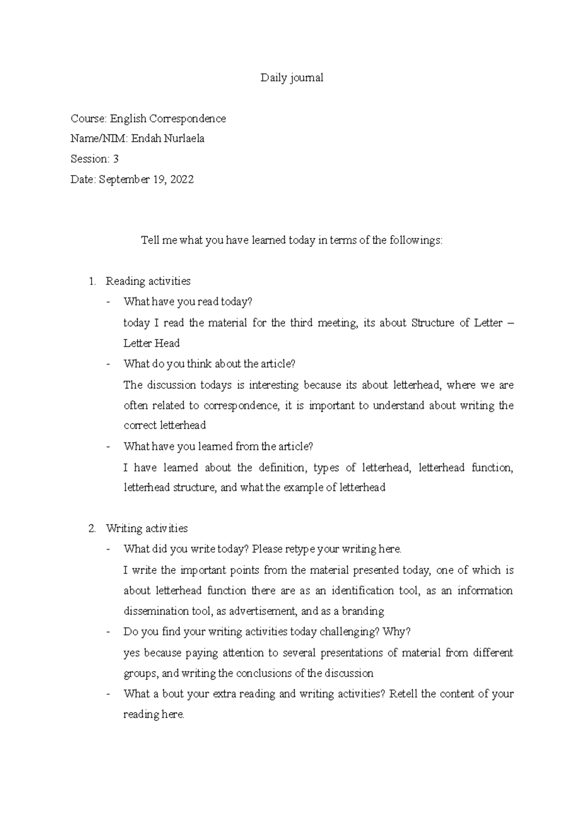 Daily journal at English Course to reflect student's understanding ...