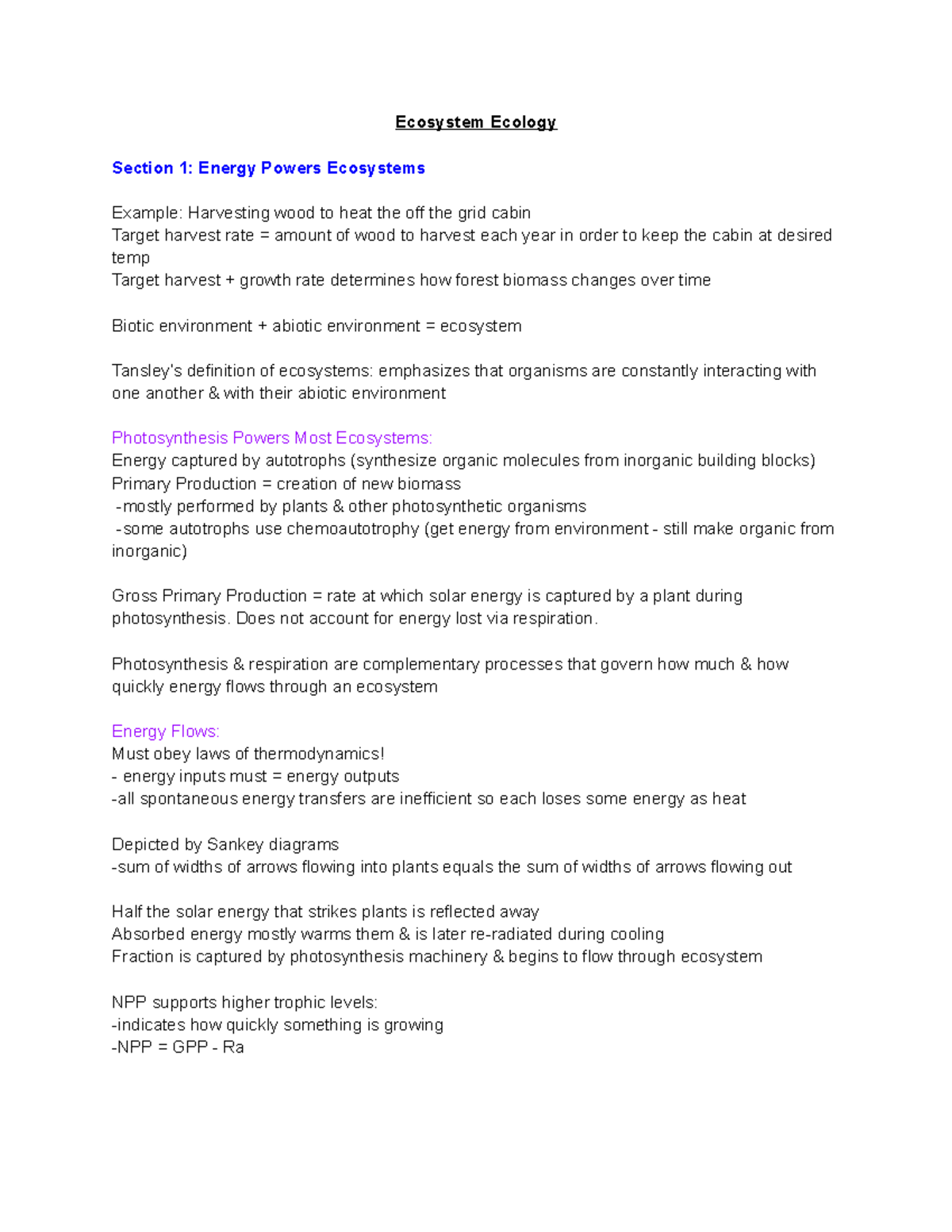Ecosystem Ecology Notes - Ecosystem Ecology Section 1: Energy Powers ...