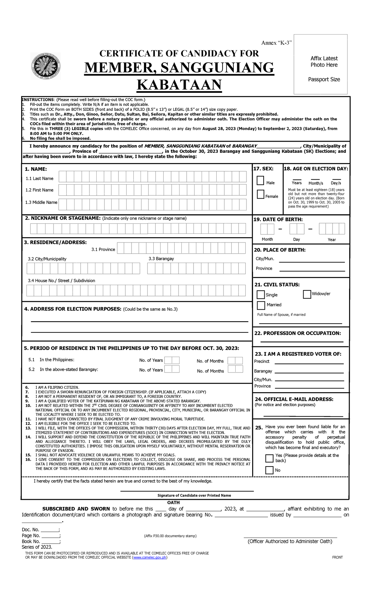 Untitled — https:comelec - Annex “K-3” Affix Latest Photo Here Passport ...