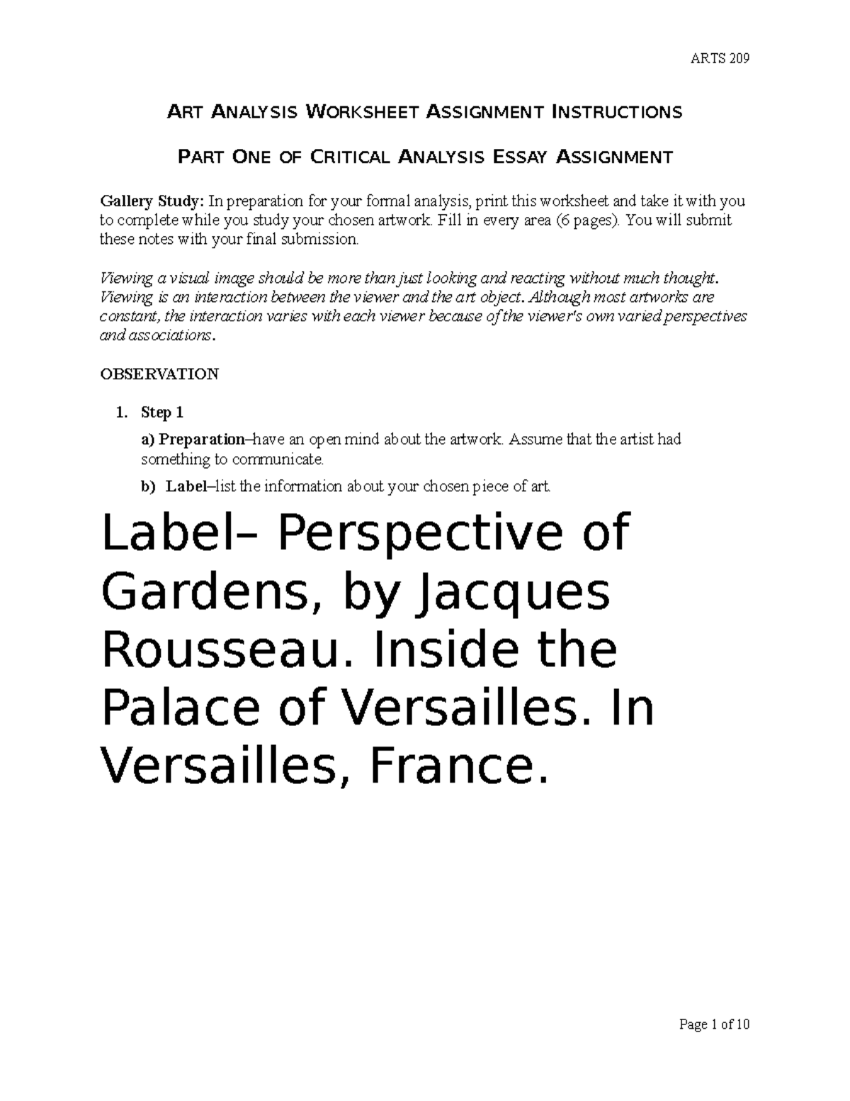 Art Analysis Worksheet Assignment Instructions - ART ANALYSIS WORKSHEET ...