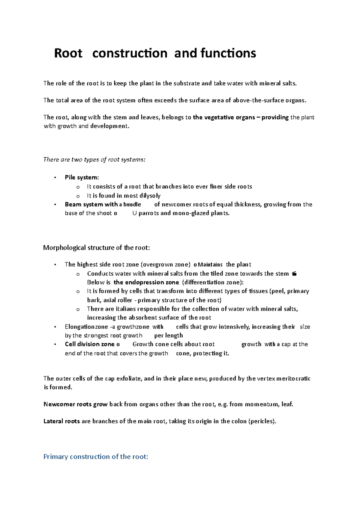 Plant Root construction and functions - Root construction and functions ...