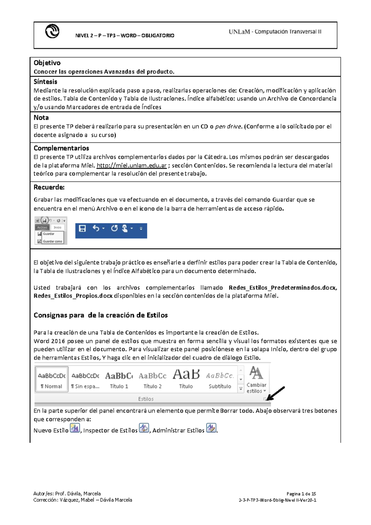 2-3-P-TP3-Word-Oblig-Nivel II-Ver20-1 - Autor/es: Prof. Dávila, Marcela Pagina 1 de 15 Objetivo ...