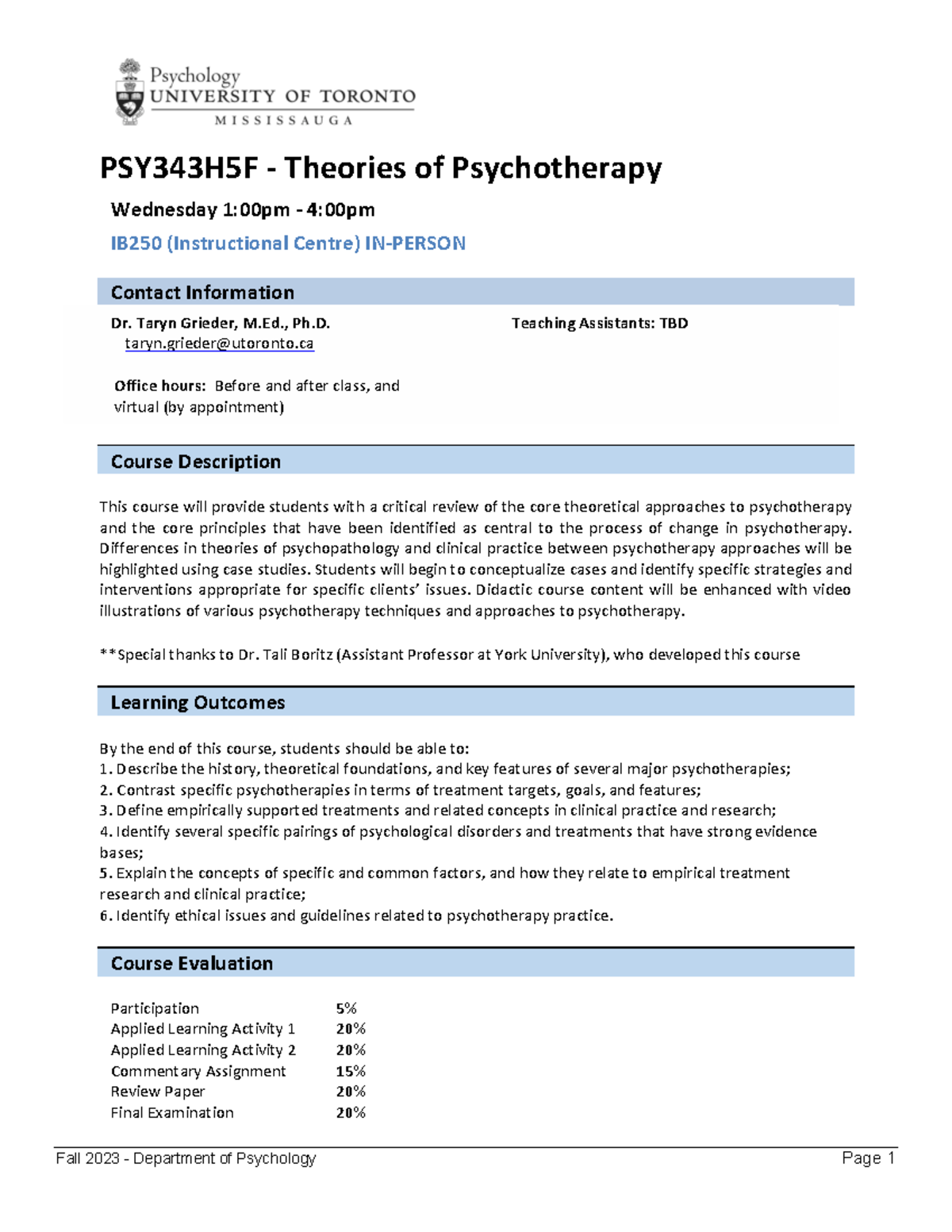 PSY343H5F F2023 UTM - Syllabus - PSY343H5F - Theories of Psychotherapy ...
