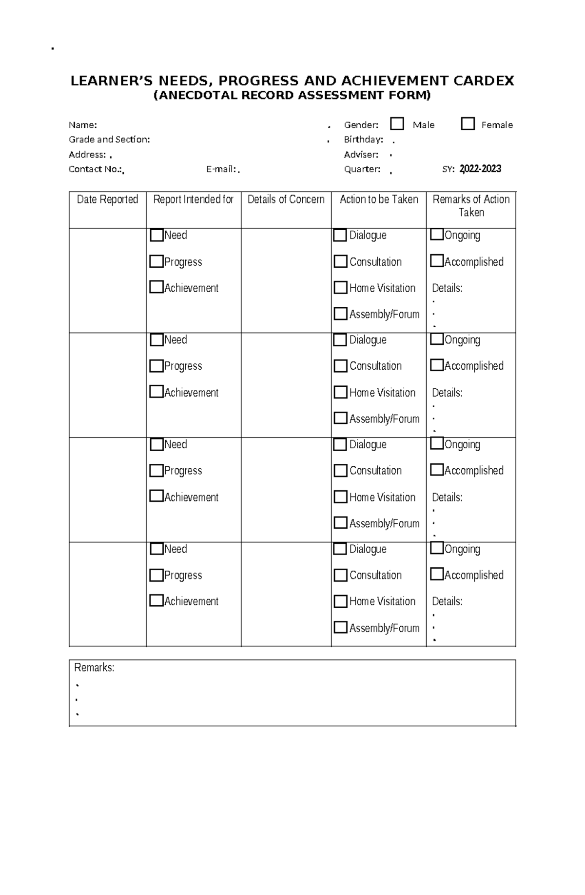 Anecdotal Report Sample - LEARNER’S NEEDS, PROGRESS AND ACHIEVEMENT ...