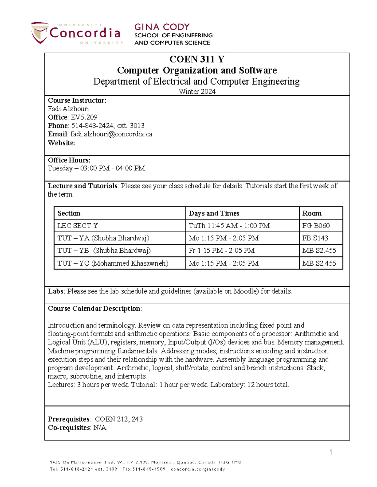 COEN 311 Outline - COEN 311 Y Computer Organization and Software ...