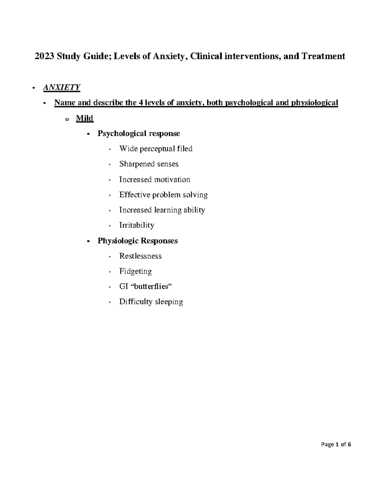 2023 Study Guide; Levels of Anxiety, Clinical interventions, and ...