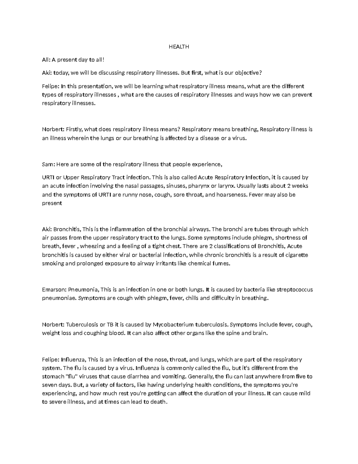 Health Respiratory Ilness Script - HEALTH All: A present day to all ...