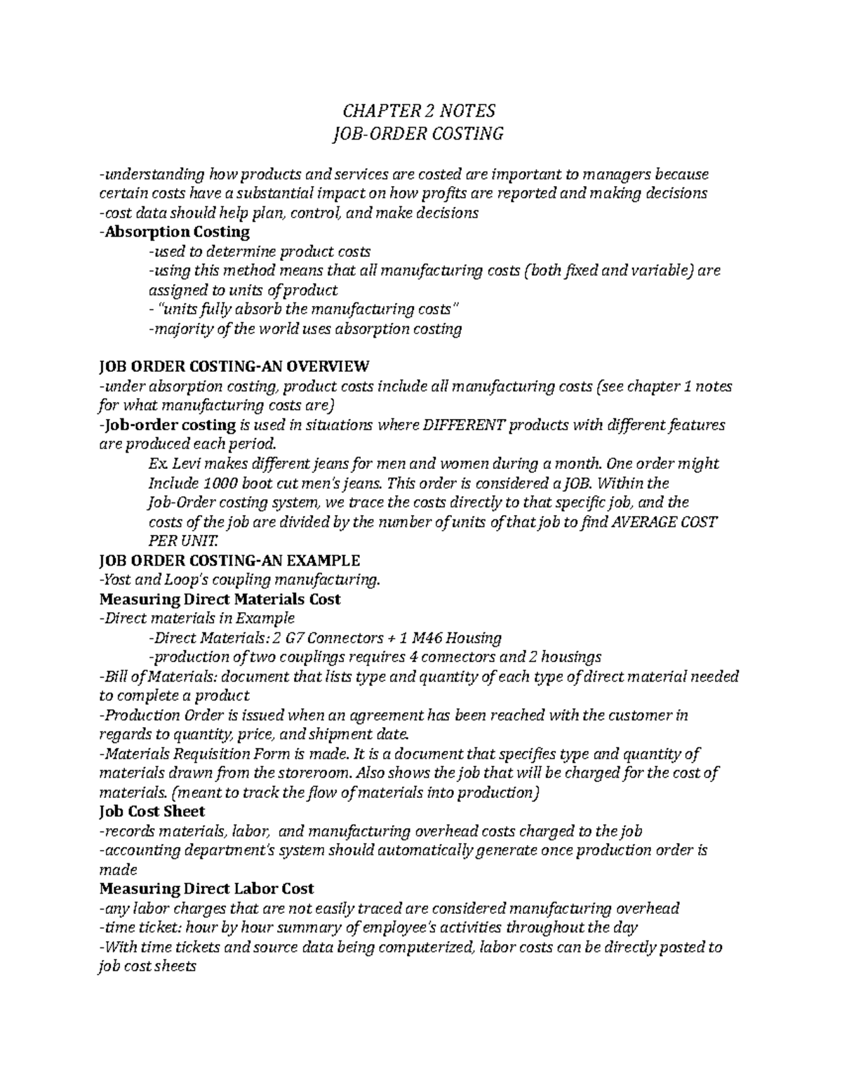 ACCT201B- Chapter 2 Notes - CHAPTER 2 NOTES JOB-ORDER COSTING ...