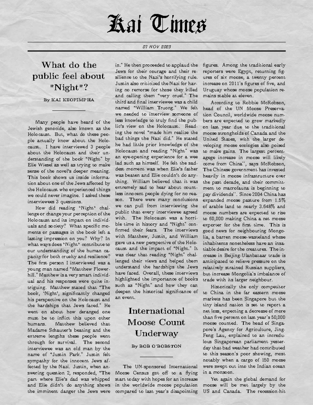 Newspaper - Kai Time‘ 07 NOV 2023 What do the public feel about "Night ...