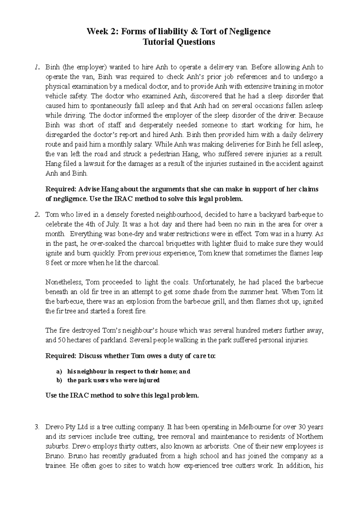 Week 2 Tutorial Questions-1 - Week 2: Forms of liability & Tort of ...