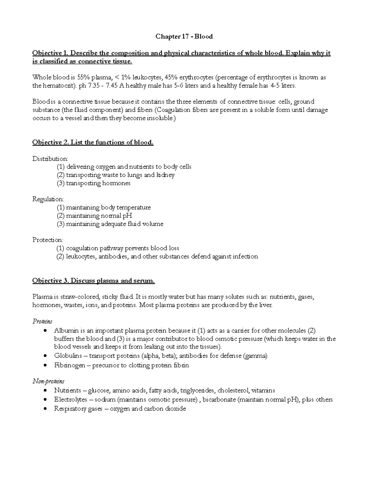 Chapter 17 notes - Chapter 17 - Blood Objective 1. Describe the ...